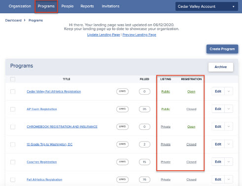 Student Registration - Opening and Closing Programs